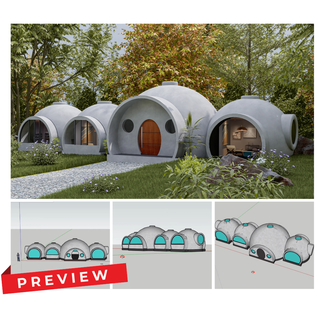 Elysian Falls Home Plans: 970 sq ft, 4 domes, 2 bedrooms, 1 bath, kitc – Domegaia